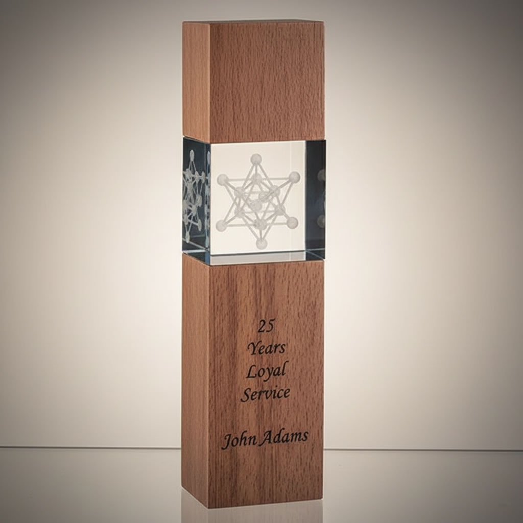 Wood and Optical Crystal Column Trophy 24cm