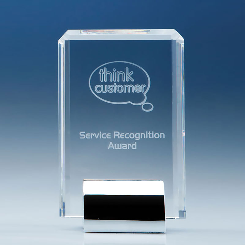 Engraved Optical Crystal Rectangle Plaque on Chrome Stand 15cm