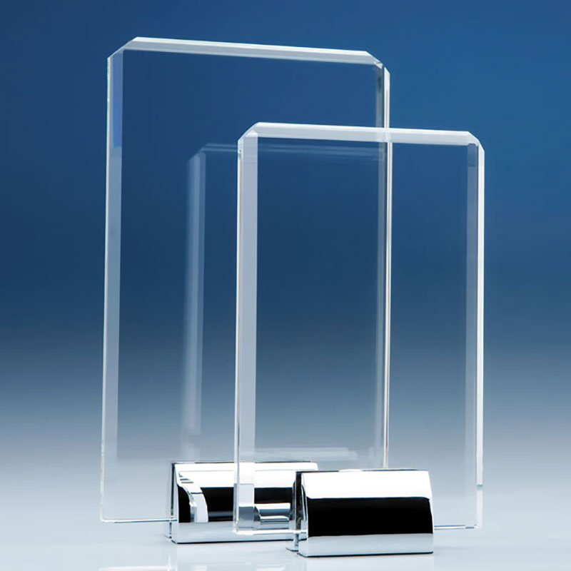 Engraved Optical Crystal Rectangle Plaque on Chrome Stand 20cm